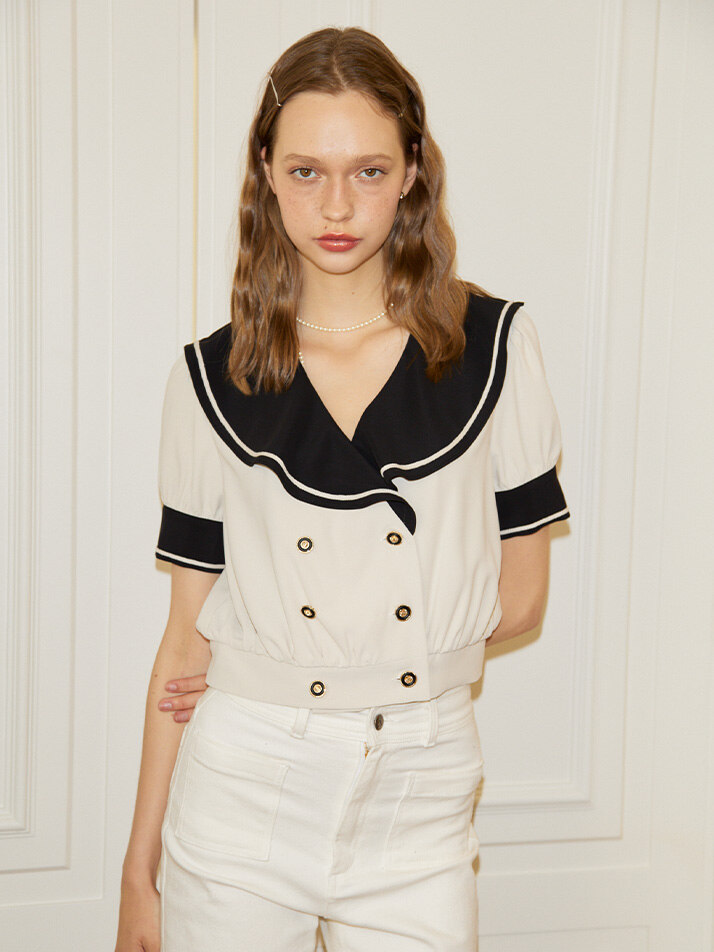 Short Sleeve Ruffle Collar Wrap Blouse_ Ivory | ETERNAL JOURNEY