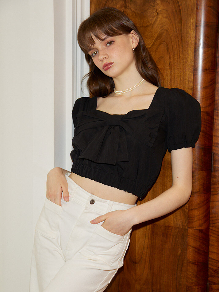 Puff Shoulder Ribbon Blouse_ Black | ETERNAL JOURNEY