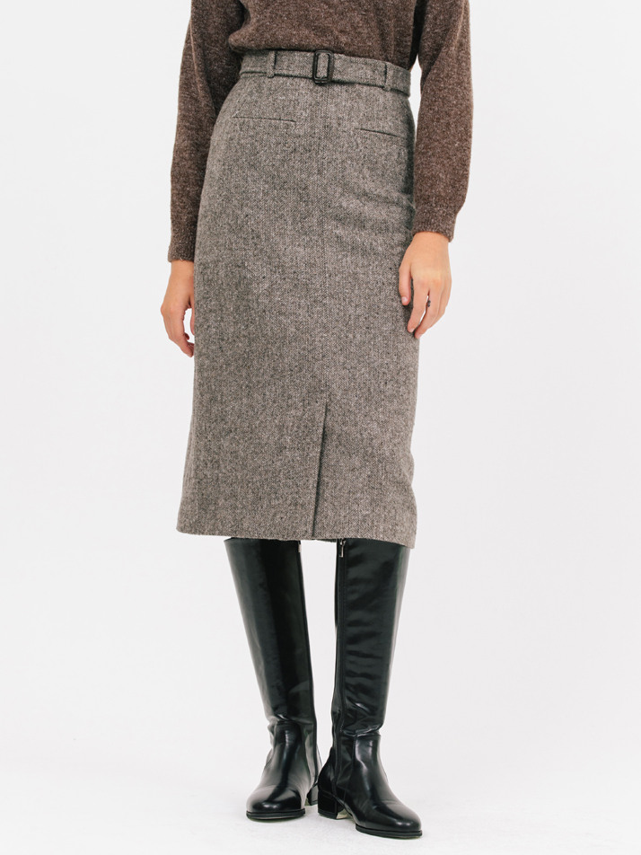 belted wool H-line skirt_gray | ETERNAL JOURNEY